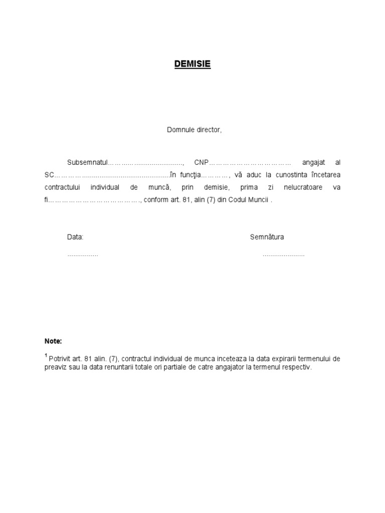 Cerere Demisie Fara Preaviz | PDF