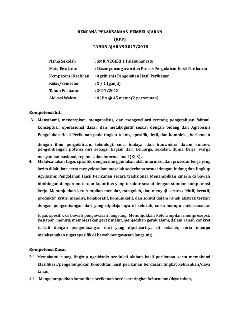 RPP Dasar Penanganan Dan Proses Pengolahan Hasil Perikanan | PDF