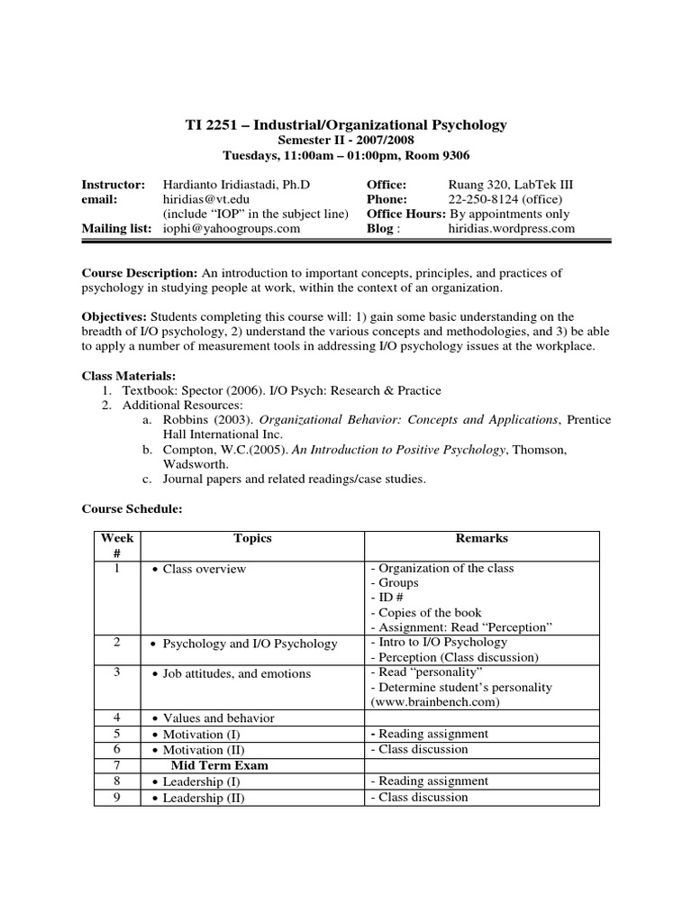 Io Psych Syllabus Feb08 | PDF | Industrial And Organizational ...