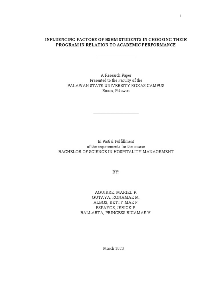 Factors Influencing BSHM Students' Choices | PDF | Quantitative ...
