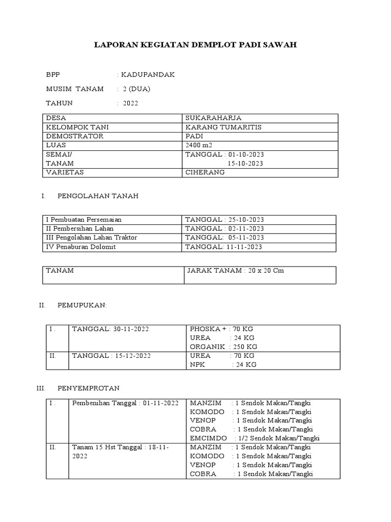 Laporan Demplot Padi Sawah 2022 | PDF