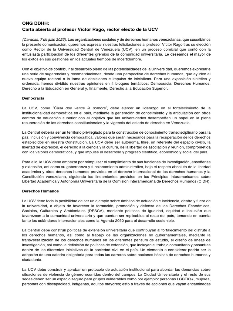 Carta Abierta Rector - A UCV | PDF | Derechos humanos | Universidad