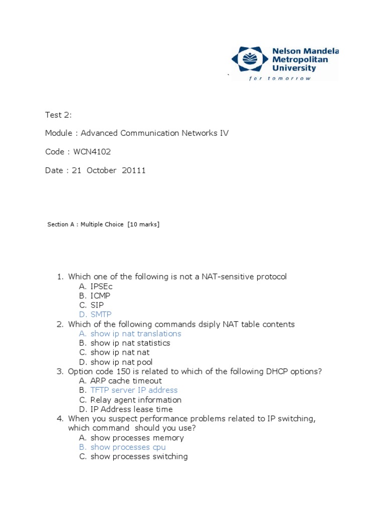 Test 2 Answer Key Pdf I Pv6 Ip Address