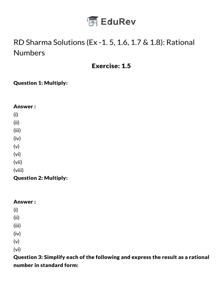 RD Sharma Solutions (Ex - 1. 5, 1.6, 1.7 & 1.8) - Rational Numbers - RD ...