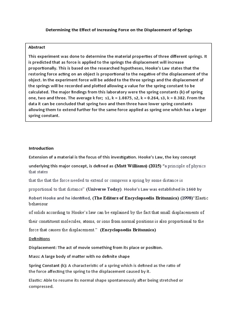 Frederick Terry's Lab Report On Hooke's Law Determining The Effect of Increasing Force On The ...