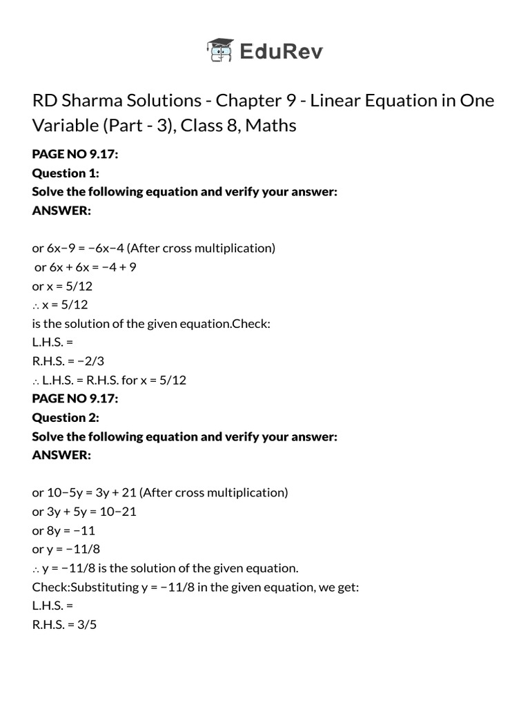 Chapter 9 - Linear Equation in One Variable (Part - 3), Class 8, Maths RD Sharma | Download Free ...