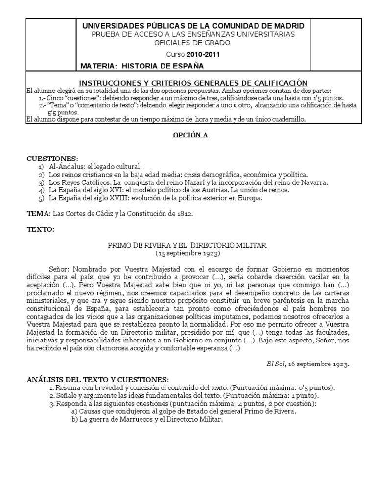 Examen De Pau De La Asignatura De Historia De España De Septiembre De