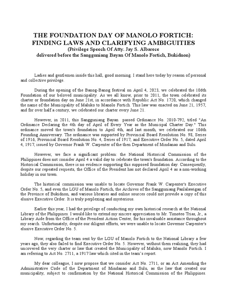 Foundation Day of The Municipality of Manolo Fortich, Bukidnon | PDF