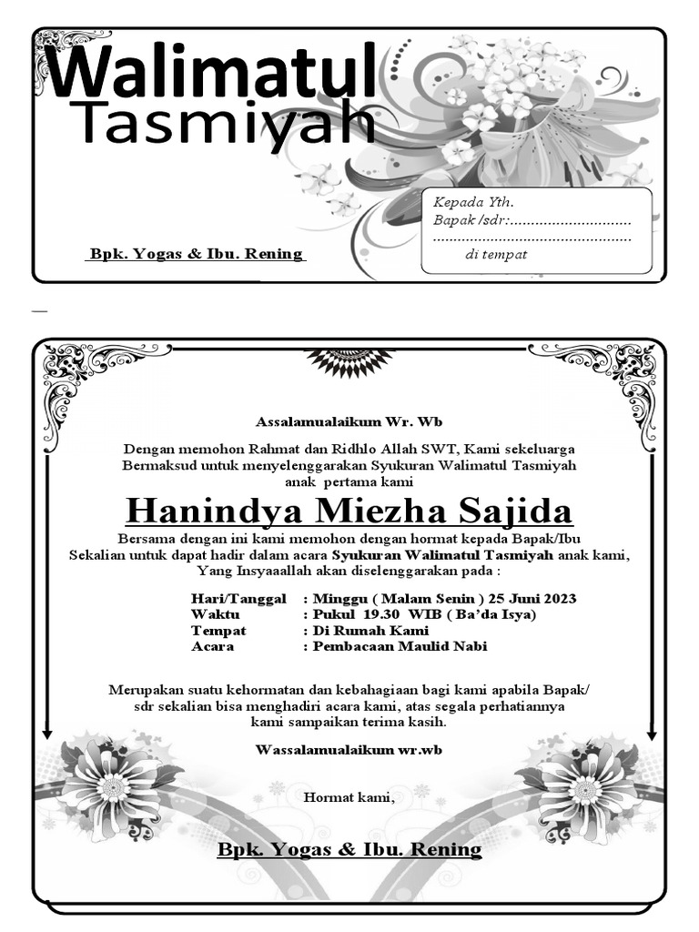 Walimatul Tasmiyah Khalisna 1 | PDF