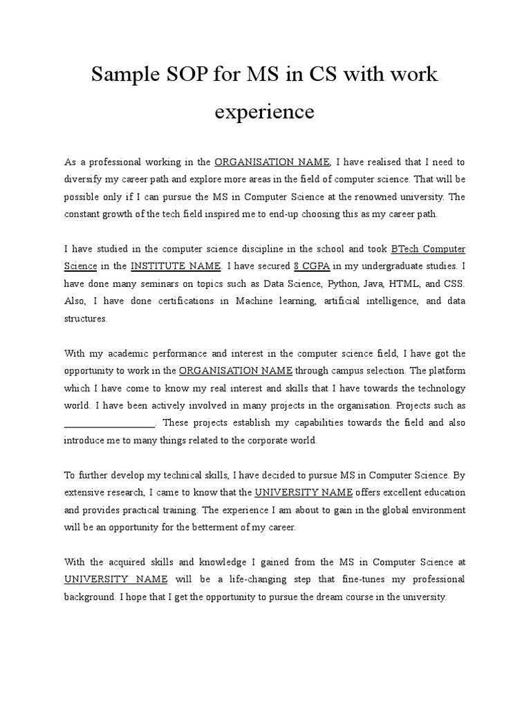 Sample SOP For MS in CS With Work Experience E65a326956 | PDF