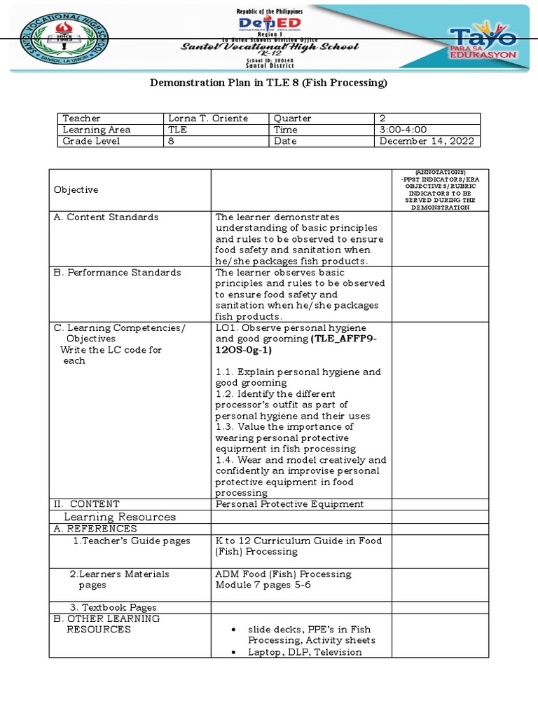 Fish Processing PPE Demonstration Plan | PDF | Personal Protective Equipment | Hygiene