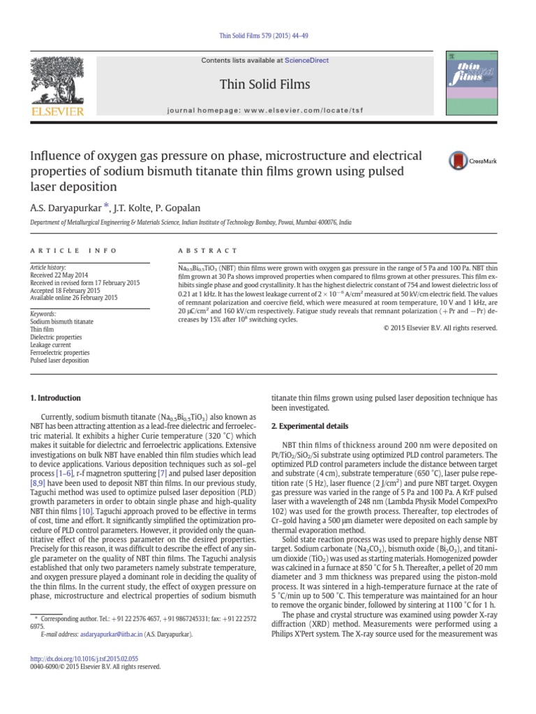Thin Solid Films: A.S. Daryapurkar, J.T. Kolte, P. Gopalan | PDF