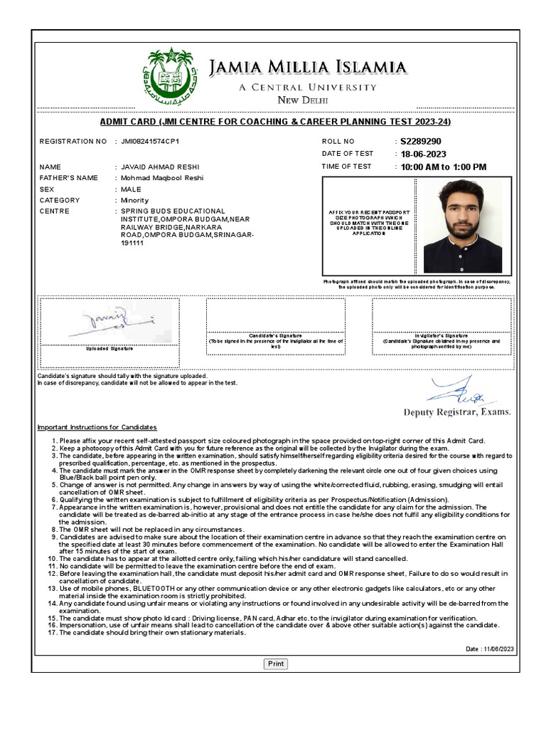 Admit Card Jmi Rca | PDF