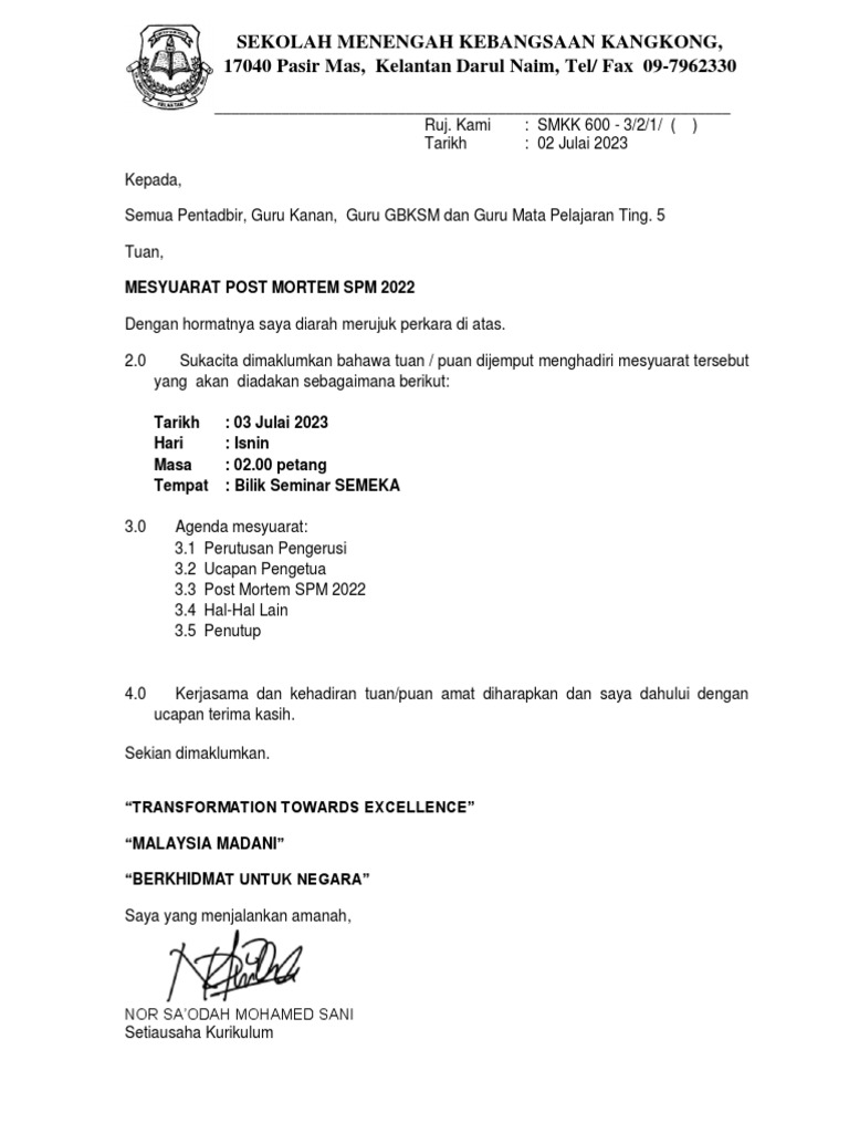 Surat Pang Mesyuarat Post Mortem SPM2022 | PDF