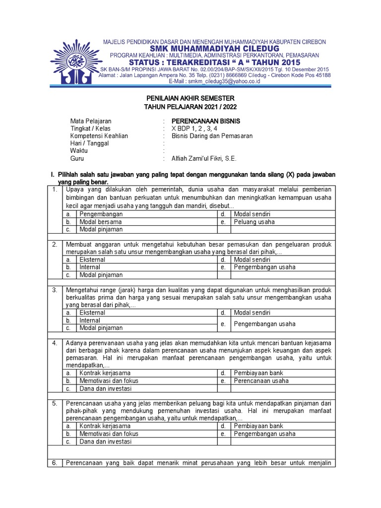Soal Uas ''Perencanaan Bisnis BDP'' | PDF