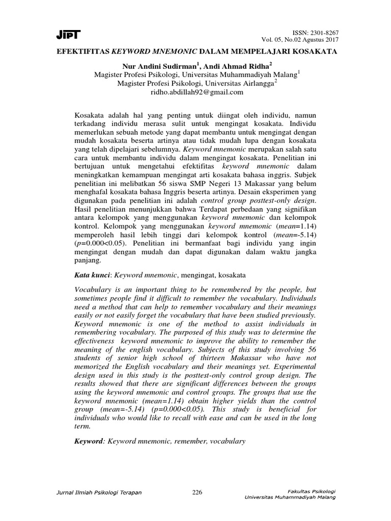 Efektifitas Keyword Mnemonic Dalam Mempelajari Kosakata Nur Andini ...