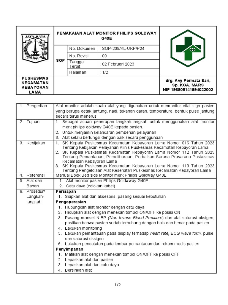 Sop Pemakaian Alat Monitor 2023 | PDF