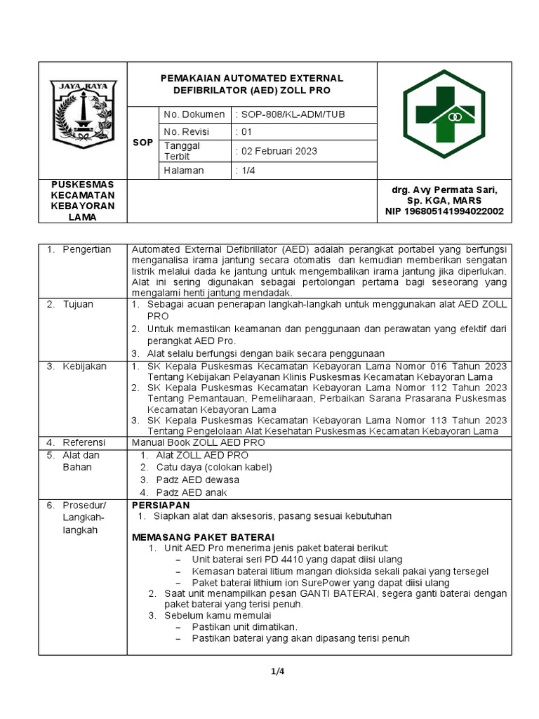 Sop Pemakaian Aed Zoll Pro 2023 | PDF