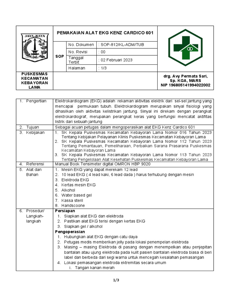 Sop Pemakaian Ekg Kenz Cardico 601 | PDF