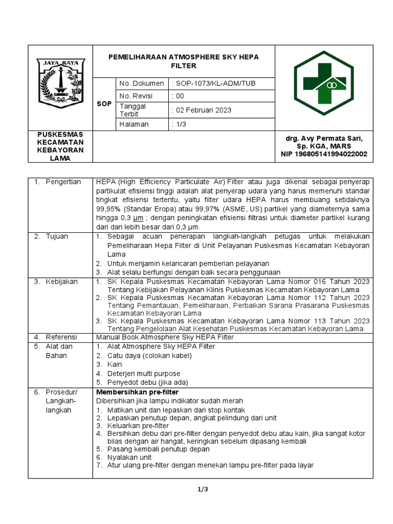 Sop Pemeliharaan Alat Hepa Filter 2023 | PDF