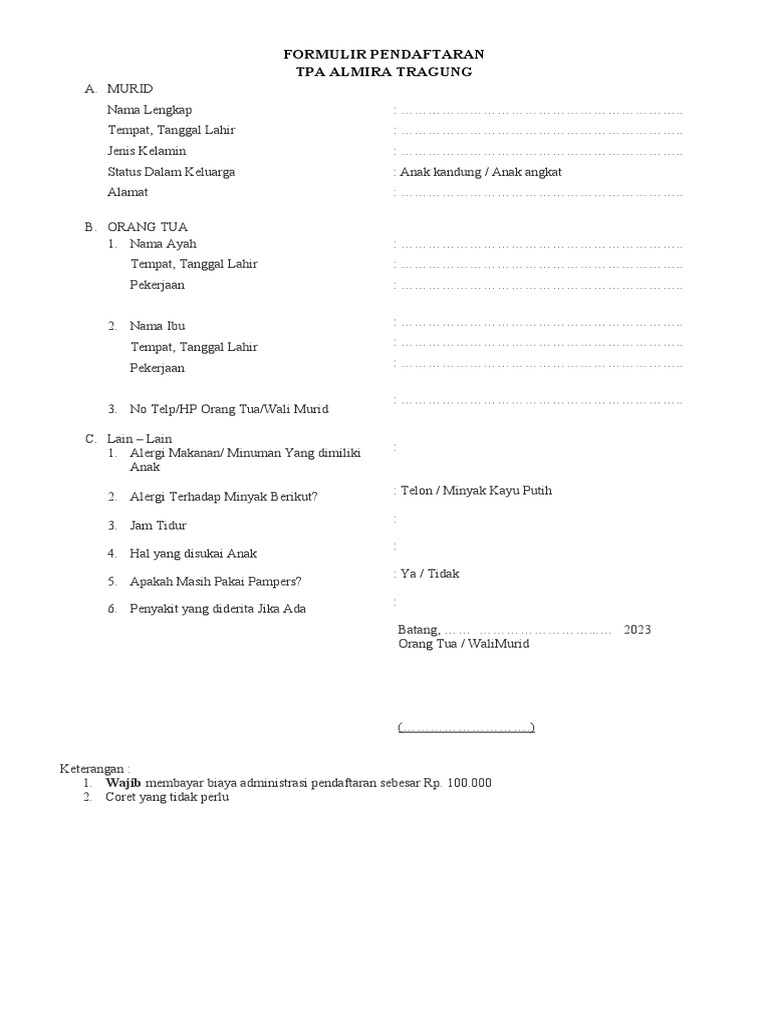 Contoh Format Formulir Pendaftaran TPA | PDF