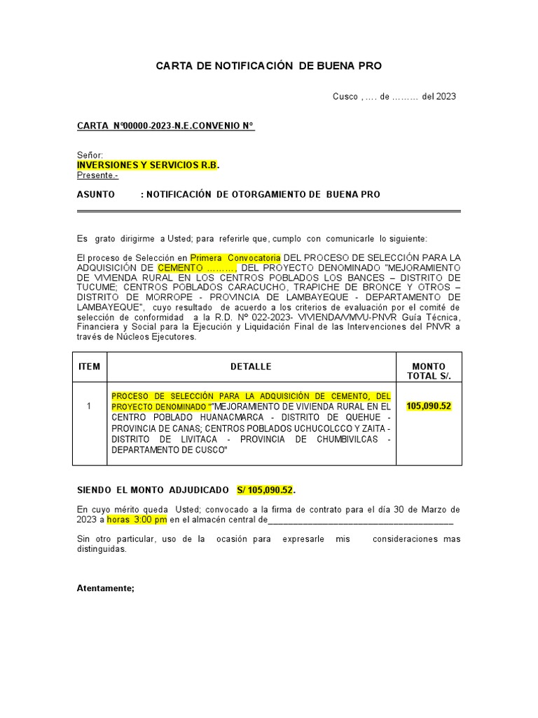 Carta Notificacion de Buena Pro | PDF