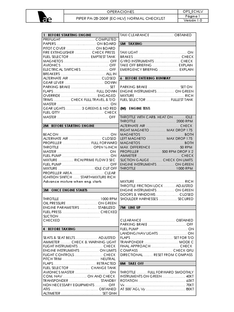 Piper Pa-28-200 R Ec-Hlv Normal Checklist | PDF