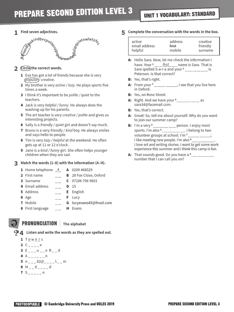 PREPARE 3 Vocabulary Standard Unit 01 | PDF | Communication | Human ...