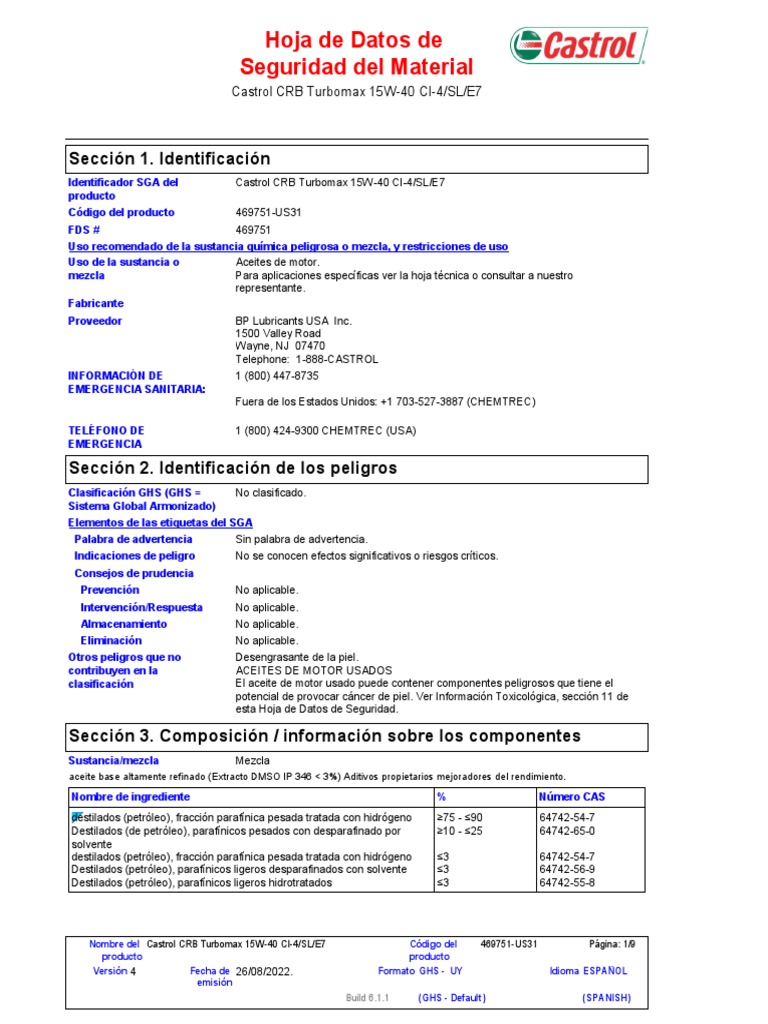 Hoja de Seguridad de Castrol CRB Sae 15W-40 | PDF | Residuos | Reciclaje