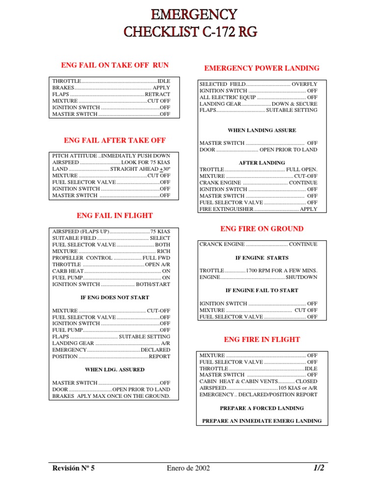 Cessna C-172 RG General Emergency Checklist | PDF | Throttle | Vehicle ...