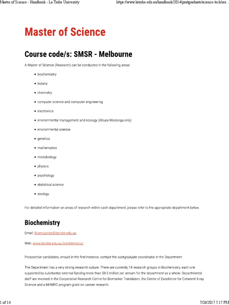 Master of Science - Handbook - La Trobe University | PDF