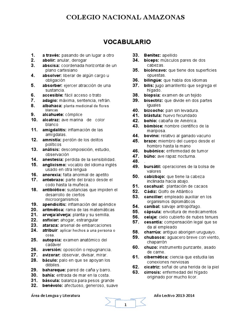 VOCABULARIO DE 299 PALABRAS CON SIGNIFICADO 1 Bachillerato | PDF