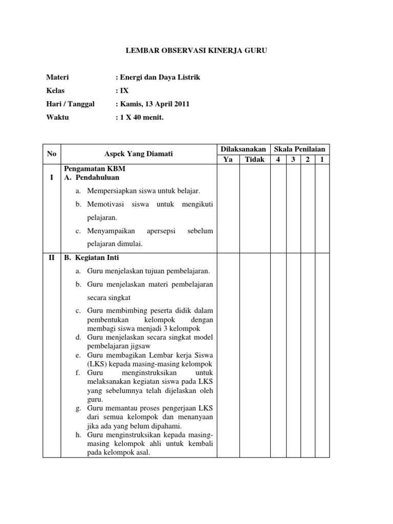 Lembar Observasi Guru Kelas IX | PDF