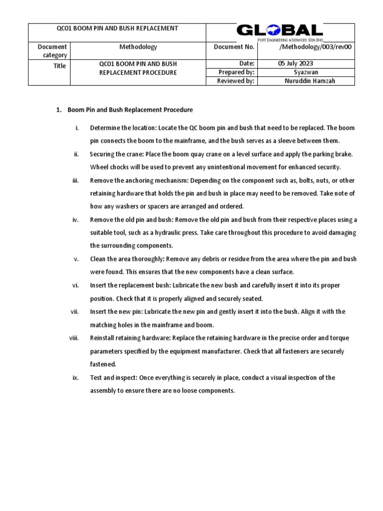 Boom Pin and Bush Replacement Guide | PDF