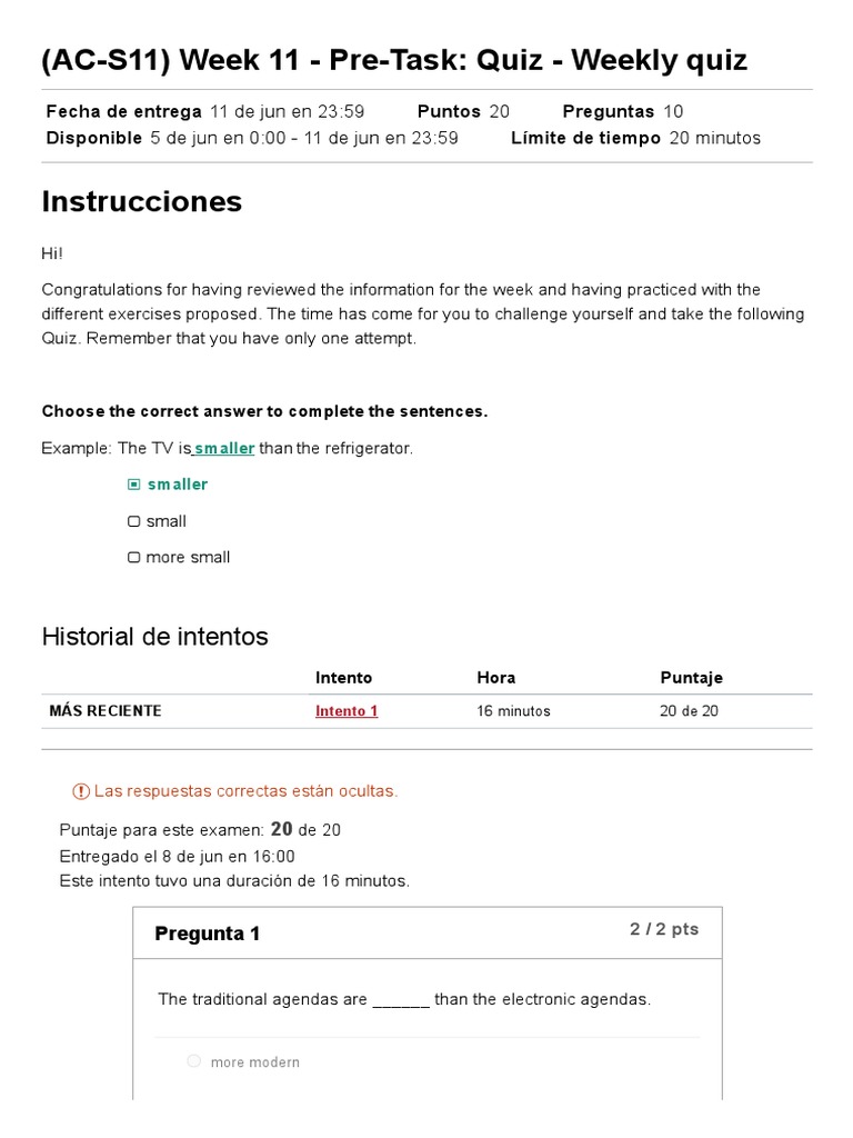 (AC-S11) Week 11 - Pre-Task - Quiz - Weekly Quiz - INGLES III | PDF | Manufactured Goods | Computing