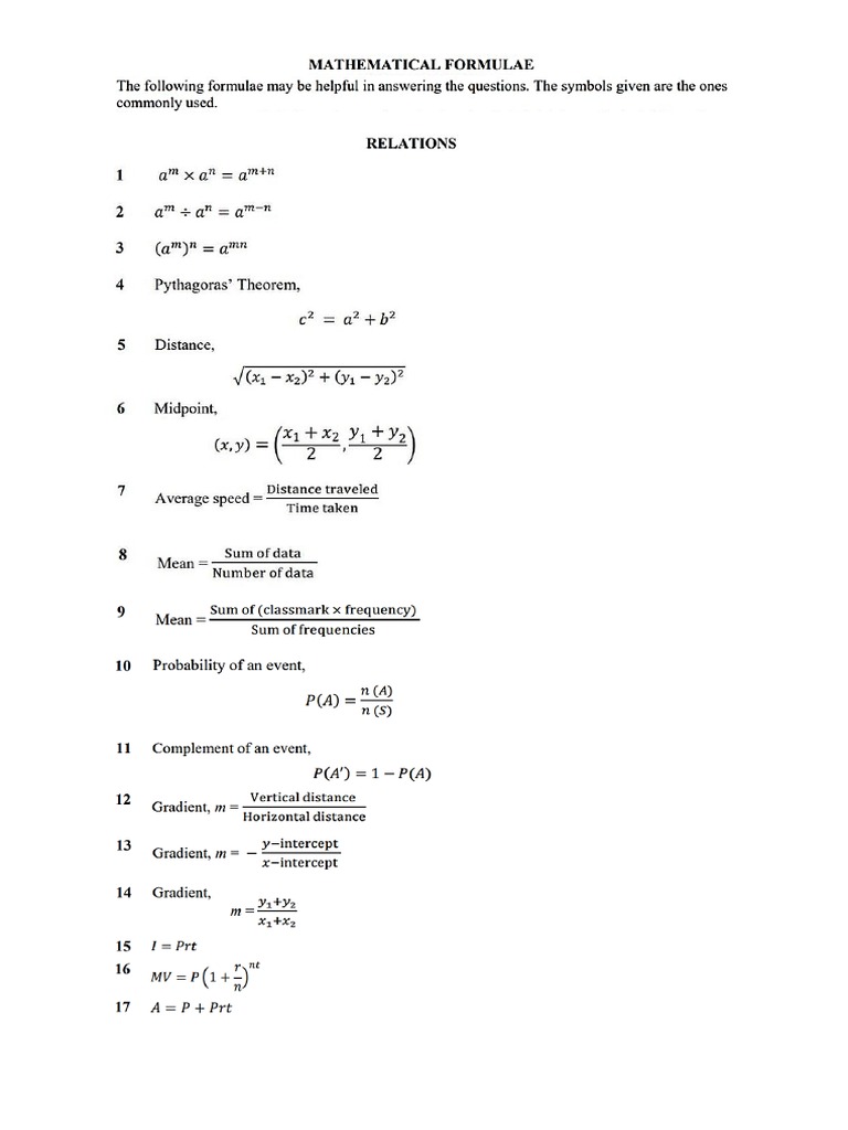 Mathematical Formulae PPT FORM 2 MATHS - PDFPDFPDF | PDF