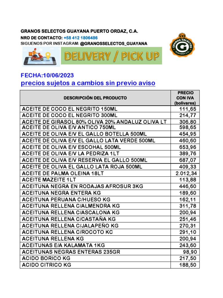 Precios Sujetos A Cambios Sin Previo Aviso: FECHA:10/06/2023 | PDF | Color | Aceite de oliva