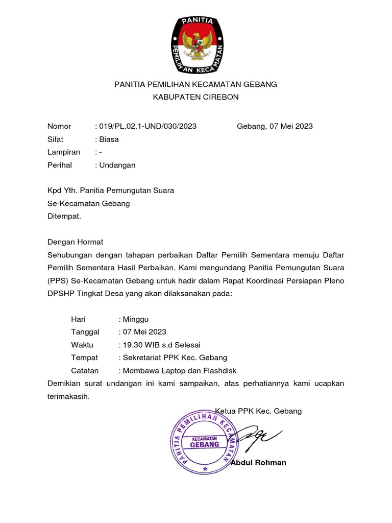 UNDANGAN RAPAT KOORDINASI PERSIAPAN PLENO DPSHP PEMILU 2024 | PDF