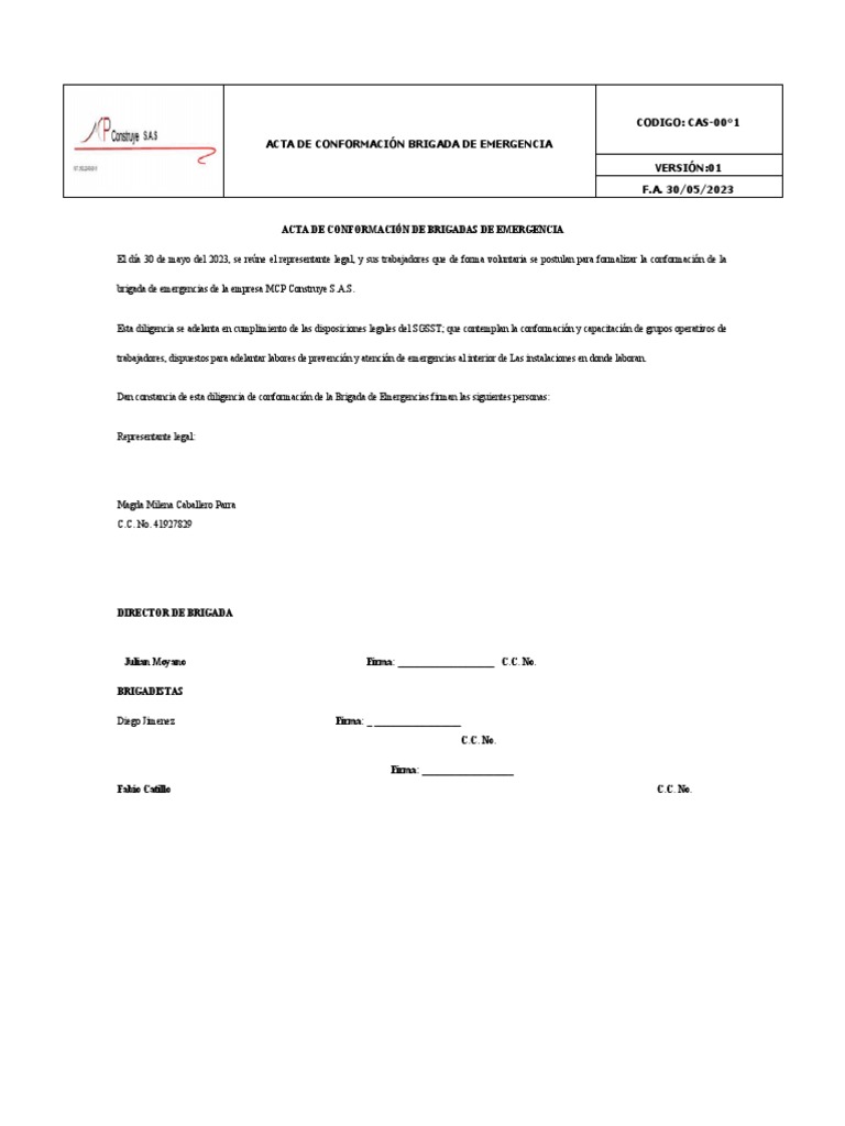 Acta de Conformacion de Brigada de Emergencia. MCP | PDF Acta de Conformacion de Brigada de Emergencia. MCP | PDF