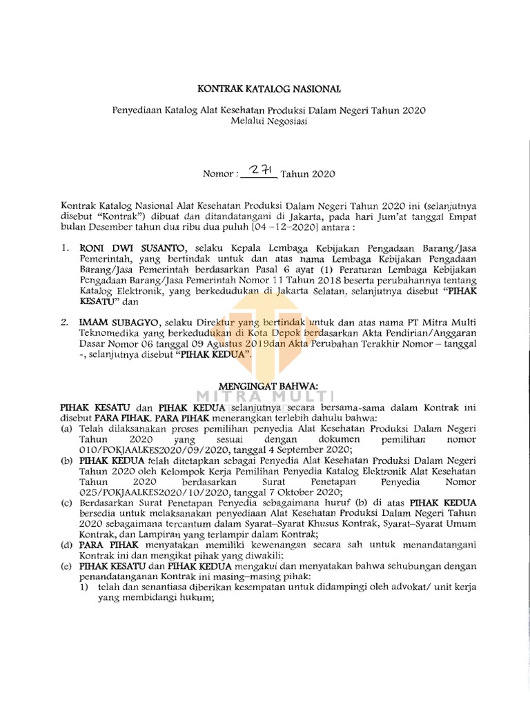 (2020) Kontrak LKPP No. 271 Alat Kesehatan (Dalam Negeri) - PT Mitra Multi Teknomedika - WM | PDF