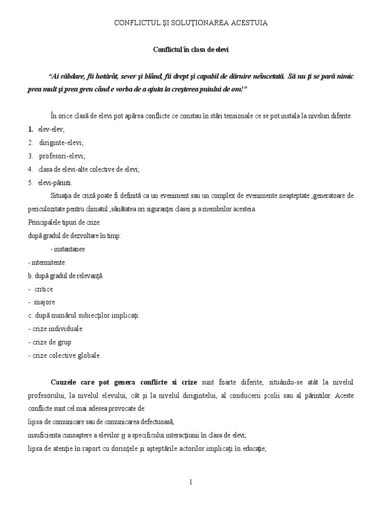 Situatii Conflictuale - Clasa de Elevi | PDF