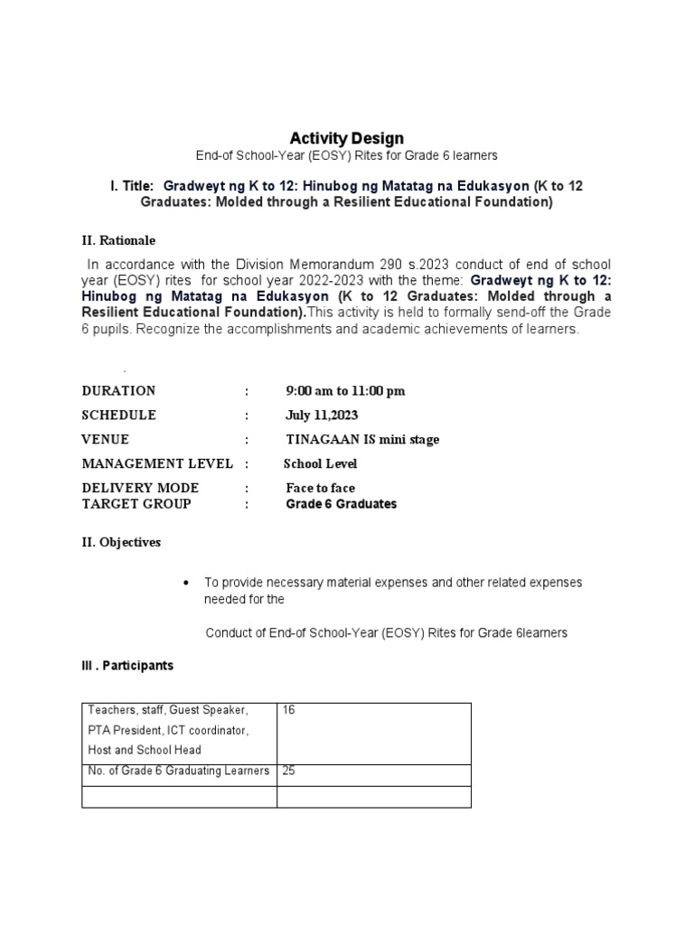 Activity Design For Graduation Expenses | PDF