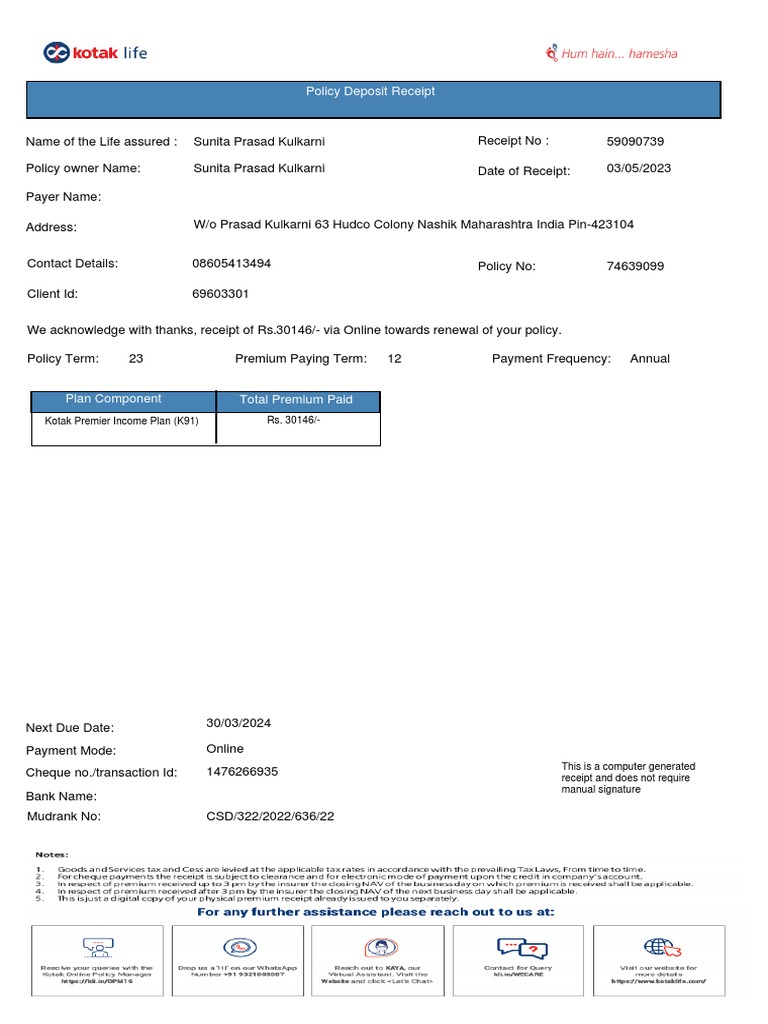 Kotak Premier Income Plan Receipt | PDF