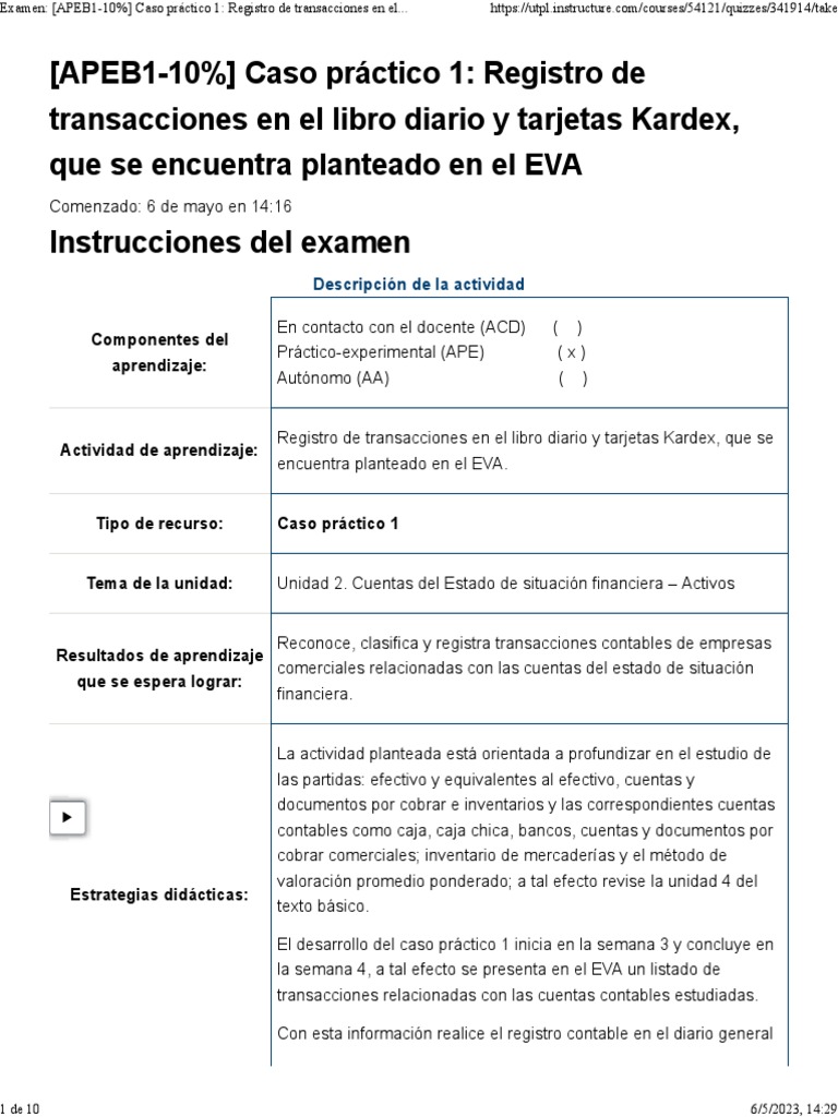 Examen [APEB1-10_] Caso práctico 1 Registro de transacciones en el libro diario y tarjetas ...