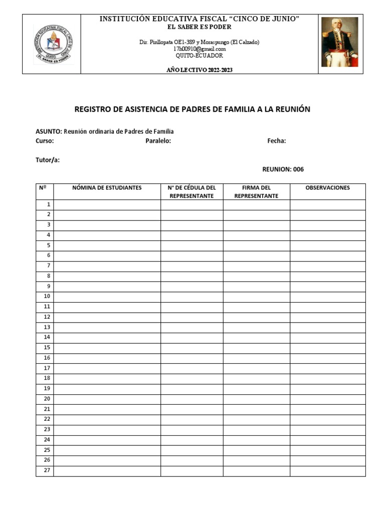 Registro de Asistencia a Reunión de Padres | PDF