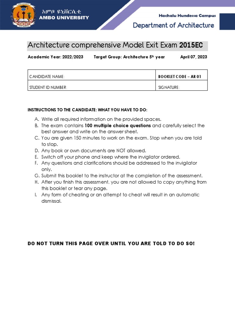 Ambo U - Architecture Model Exit Exam 2023 - Round 01 | PDF | Elevator | Specification ...