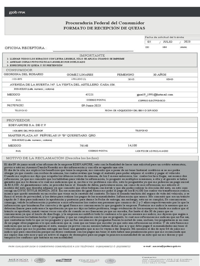 Formato de Queja Profeco para Edevancre | PDF