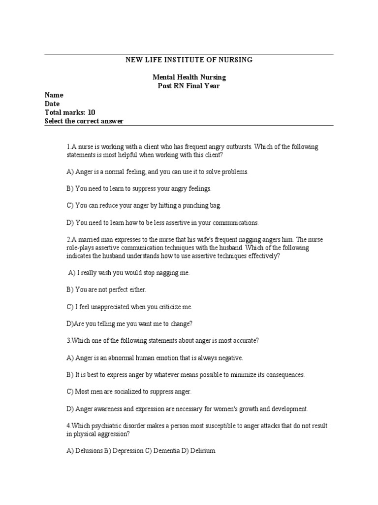 Anger Mcq Test Pdf Anger Aggression