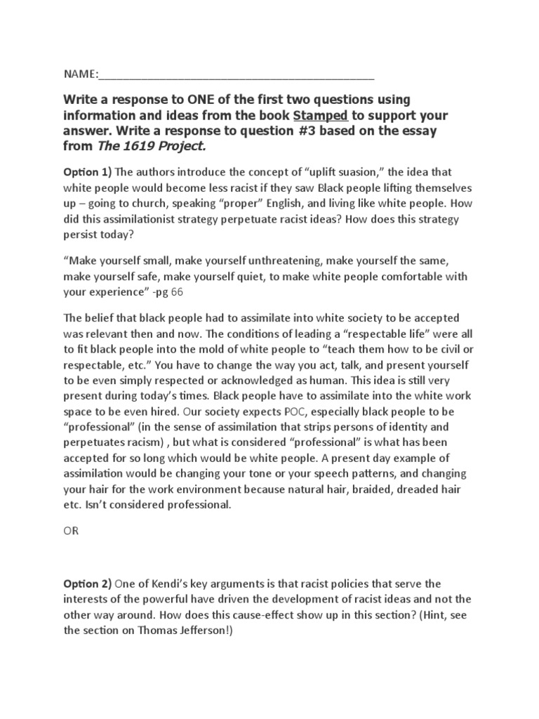 Stamped Section 2 Writing | PDF | Racism | Discrimination & Race Relations