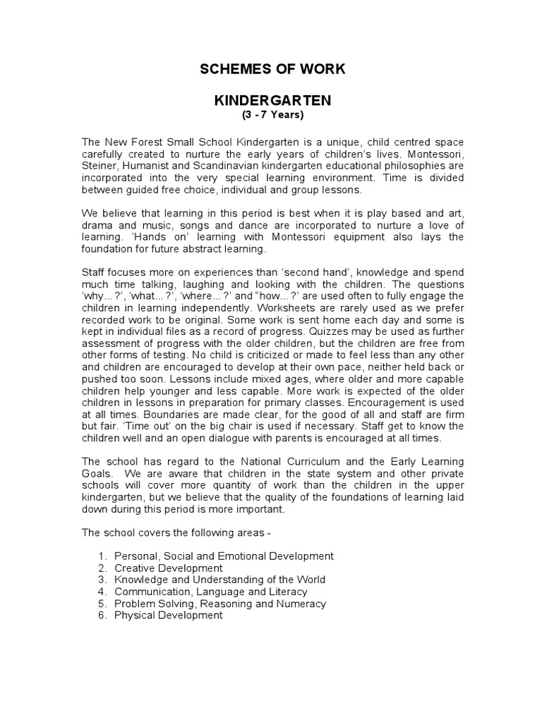 Kindergarten Scheme of Work Overview | PDF | Kindergarten | Montessori ...